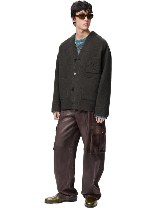Loewe Cardigan In Wool And Silk - Khaki Brown/blue