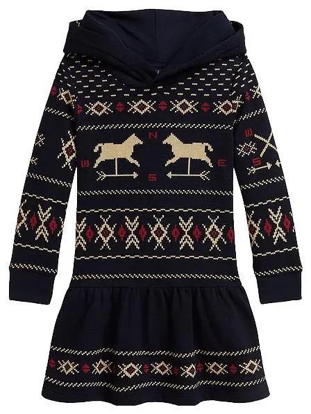 Polo Ralph Lauren Long Sleeve Fleece Fairisle Hoodie Dress - Weathervane Fairisle Navy