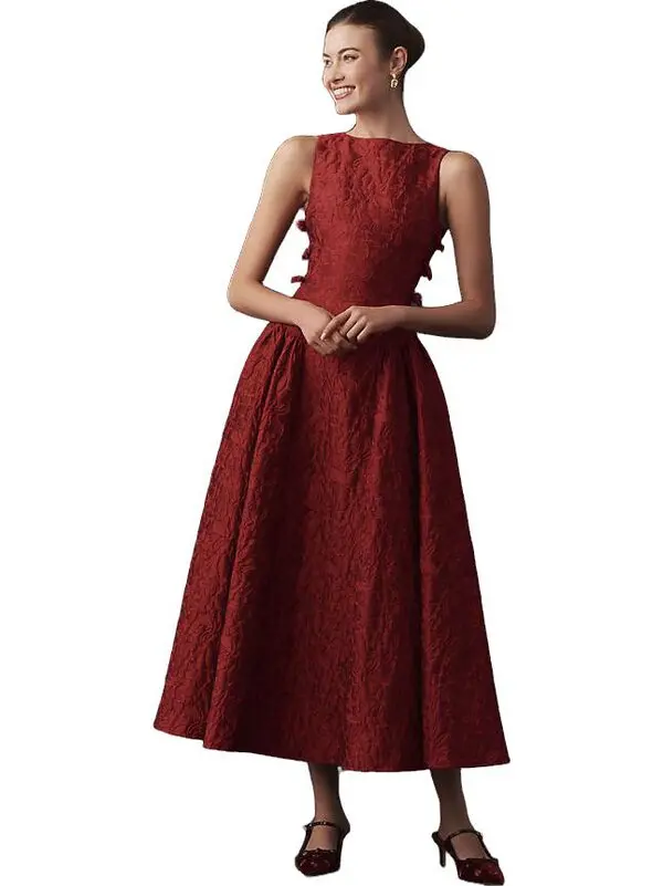SAU LEE Francesca Square-neck Jacquard Midi Dress - Burnt Red