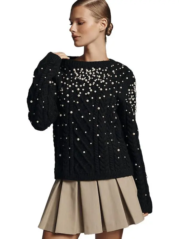 English Factory Pearl-embellished Pullover Sweater - Black