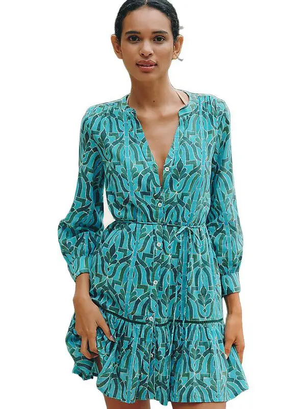 RO'S GARDEN Ines Long-sleeve Mini Dress - Blue Green