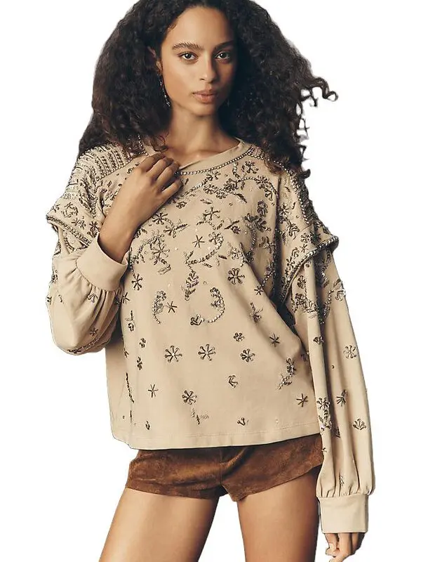 PILCRO Beaded Crew-neck Sweater - Neutral Pattern