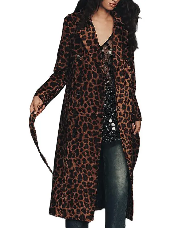 Avec Les Filles Flocked Velvet Animal Print Trench Coat - Leopard