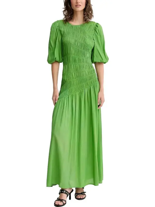 NEVER FULLY DRESSED Shirred Puff-sleeve Maxi Dress - Green