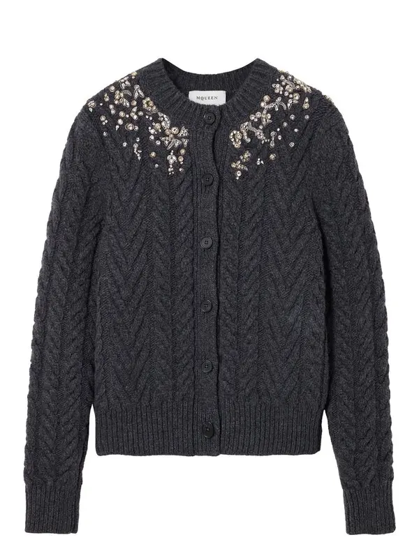 Alexander McQueen Crystal-embellished Cable-knit Wool And Cashmere-blend Cardigan - Gray