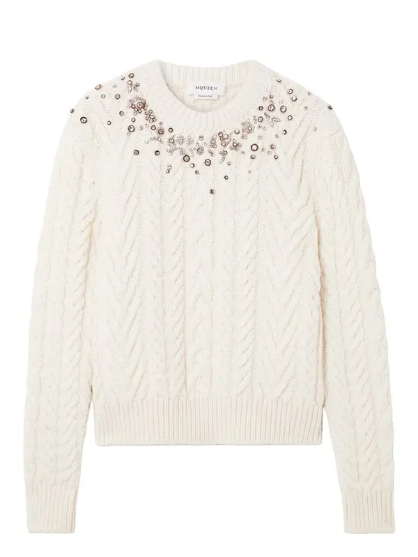 Alexander McQueen Crystal-embellished Cable-knit Sweater - Ivory