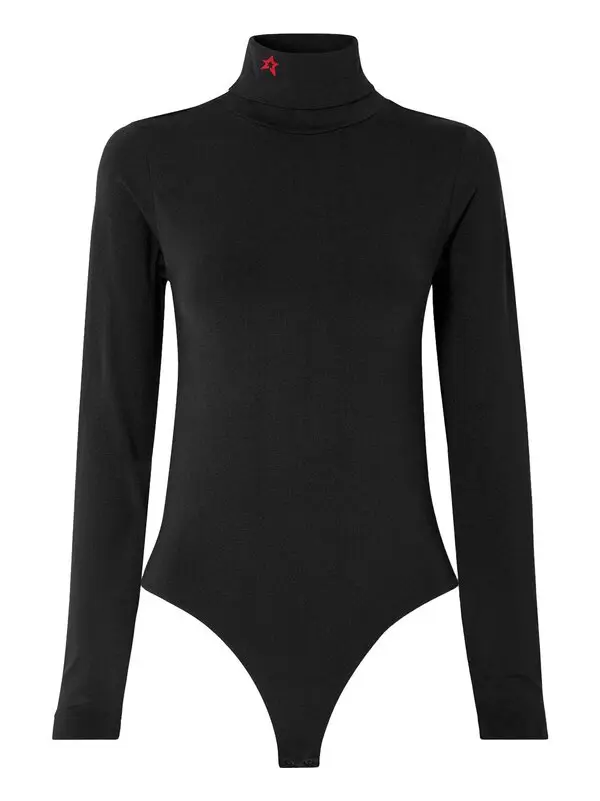Perfect Moment Embroidered Jersey Turtleneck Bodysuit - Black