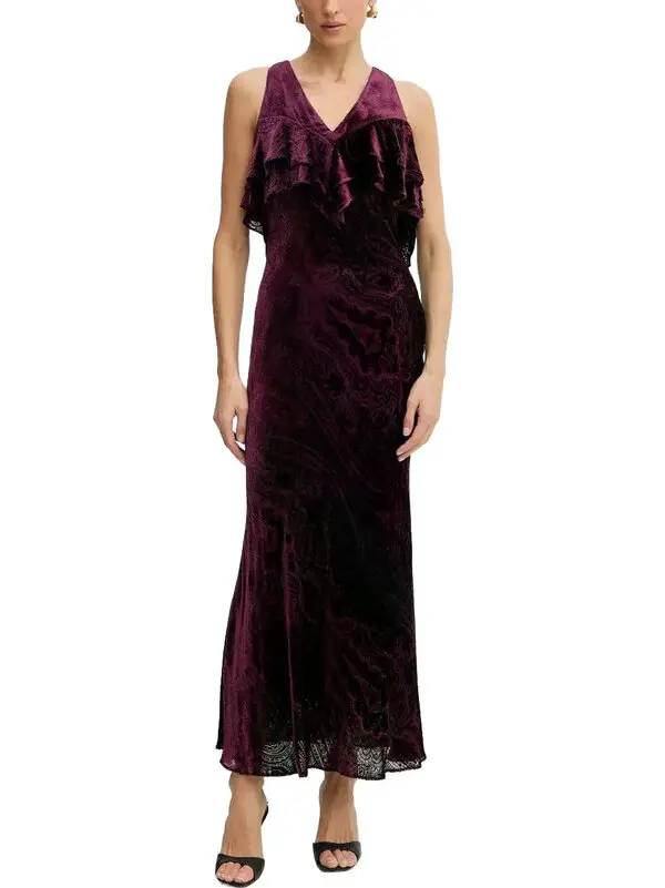 TWINSET Velvet Maxi Dress With Ruffled Neck - Red