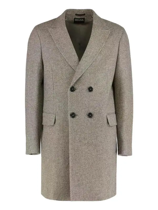 Zegna Wool Double-breasted Coat With Notched Lapels - Neutrals