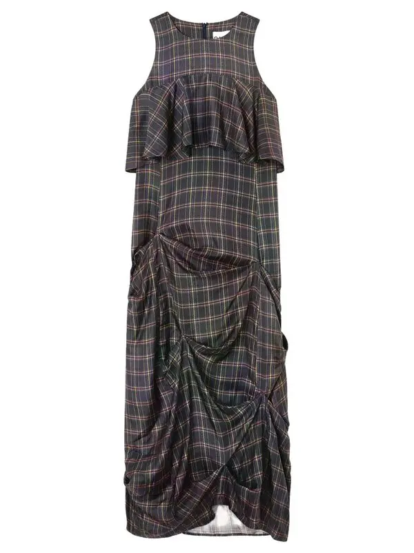 GANNI Ruffled Checked Midi Dress - Grey