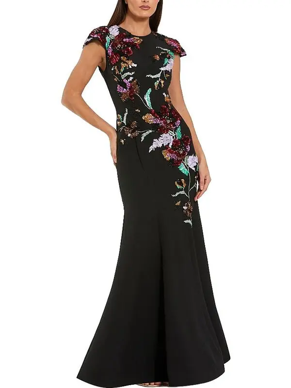 Mac Duggal Crepe Mermaid Gown With Floral Embroidery - Black Multi