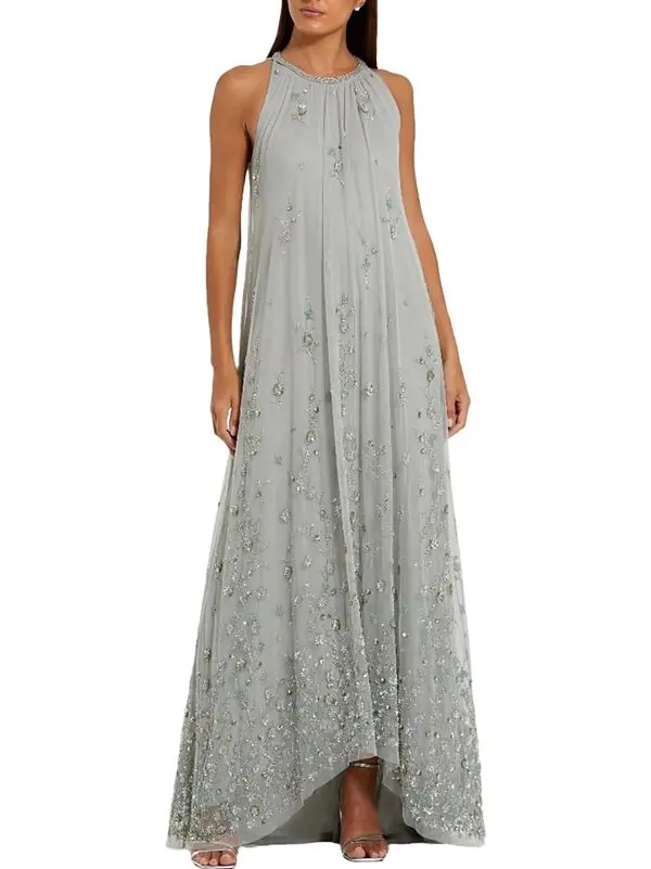 Mac Duggal High Neck Floral Embellished Mesh Trapeze Gown - Sage