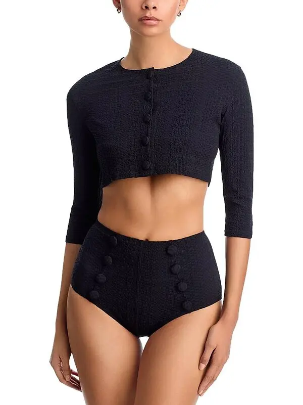 Lisa Marie Fernandez Cropped Cover-up Cardigan - Black Seersucker