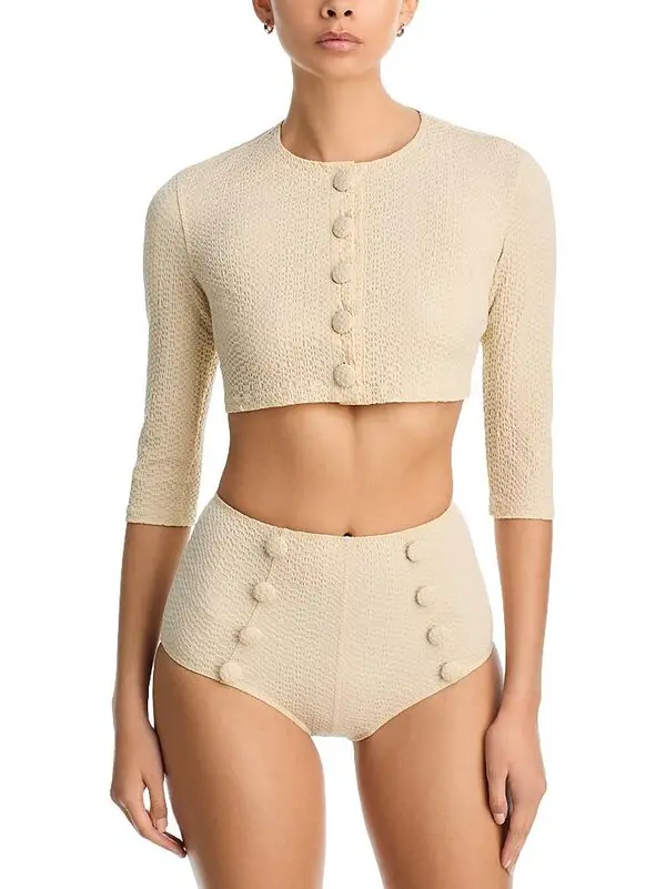 Lisa Marie Fernandez Cropped Cover-up Cardigan - Natural Seersucker