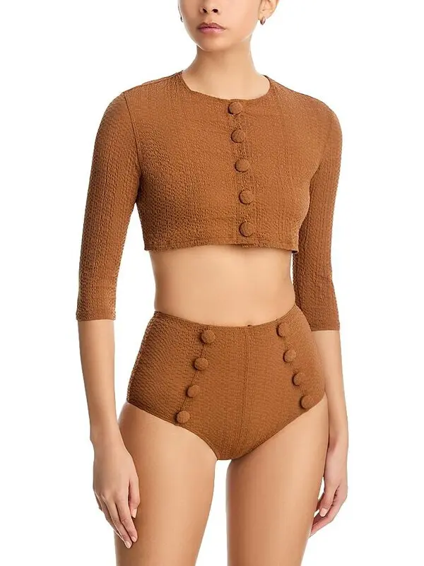 Lisa Marie Fernandez Cropped Cover-up Cardigan - Caramel Seersucker