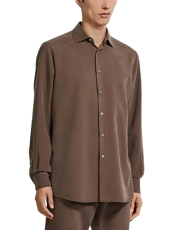Zegna Long Sleeve Button Front Silk Shirt - Brown