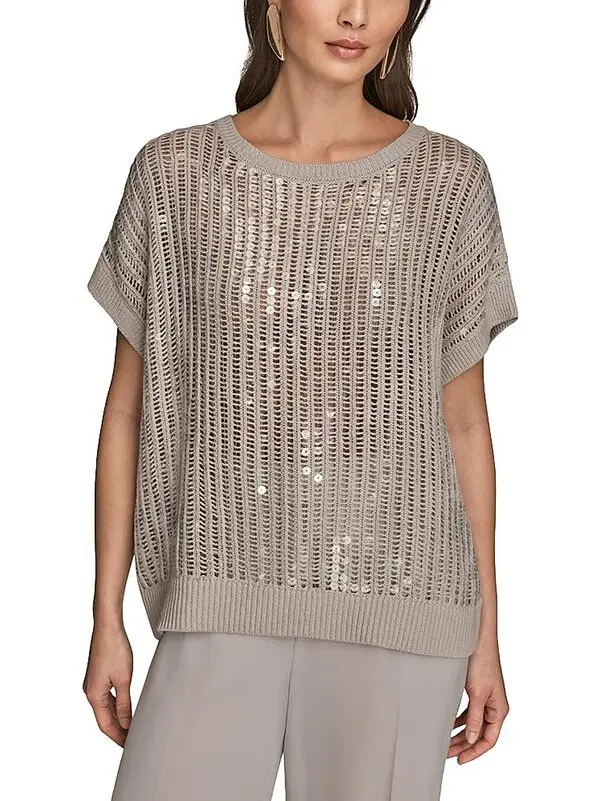 Donna Karan New York Open Weave Sequin Crewneck Sweater - Vapor Grey