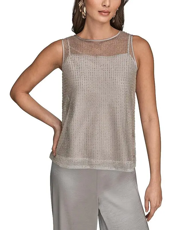 Donna Karan New York Sleeveless Beaded Mesh Top - Silver/ White