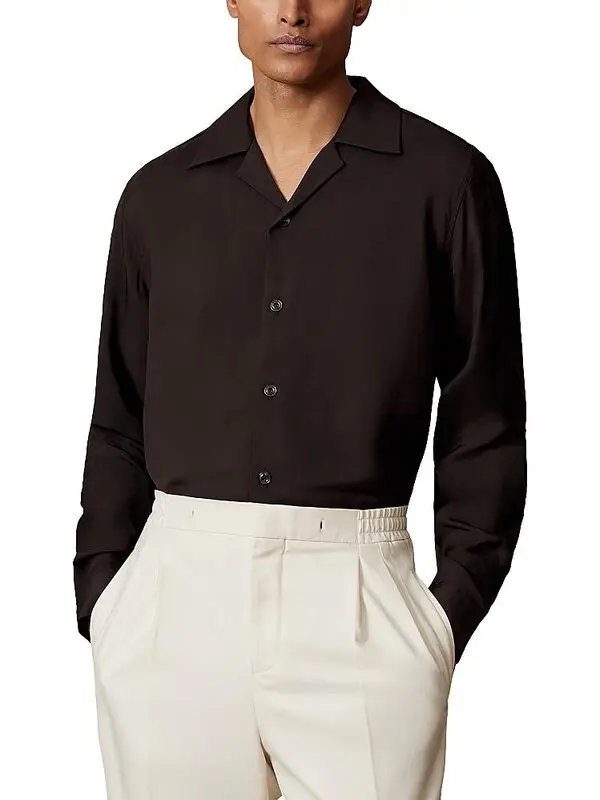 REISS Twill Piped Long Sleeve Camp Shirt - Chocolate