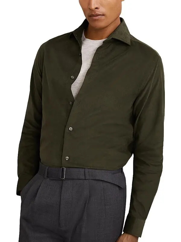 REISS Long Sleeve Fine Cord Button Front Shirt - Dark Green