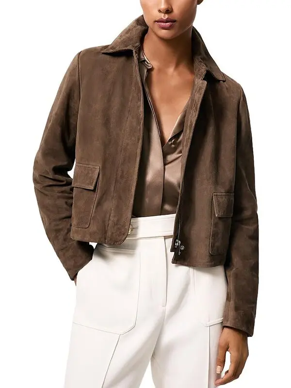 REISS Drew Cropped Suede Jacket - Taupe Neutral