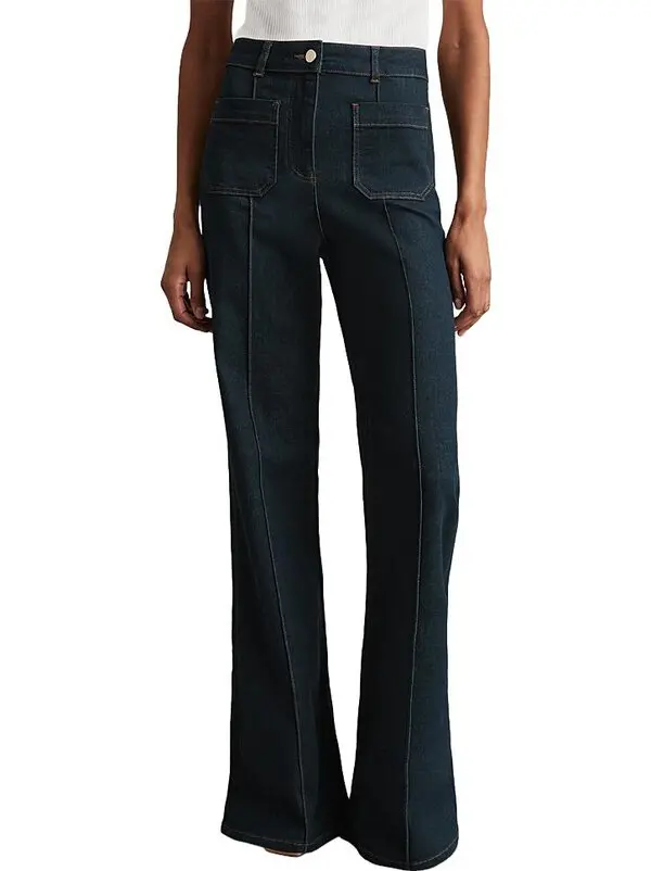 REISS Sakura Patch Pocket High-rise Flare Jeans - Dark Blue