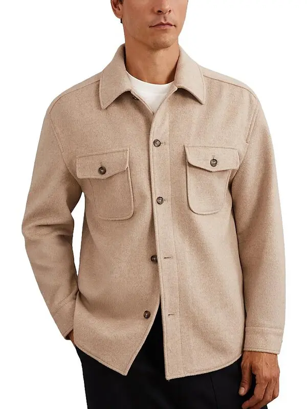 REISS Liam Long Sleeve Button Front Overshirt - Oatmeal Brown