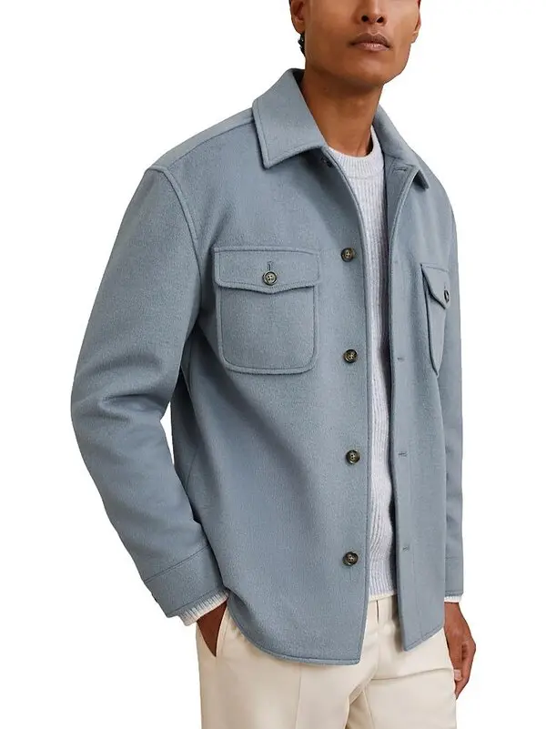 REISS Liam Long Sleeve Button Front Overshirt - Soft Blue