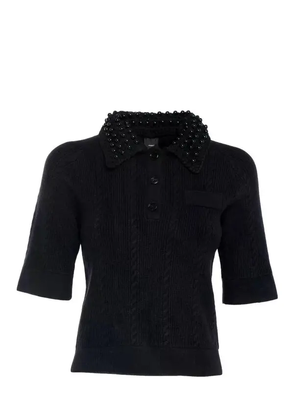 Pinko Beaded-collar Cable-knit Polo Top - Black
