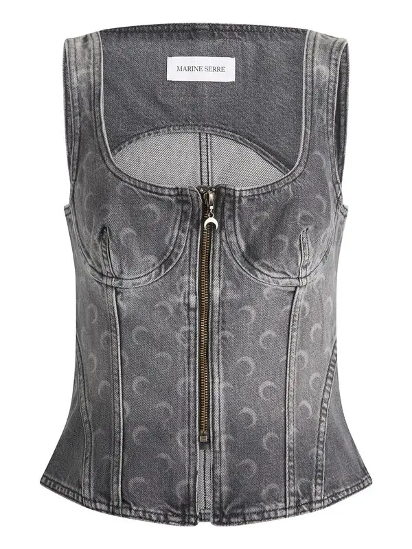 MARINE SERRE Moon Laser Denim Bustier Top - Dark Grey