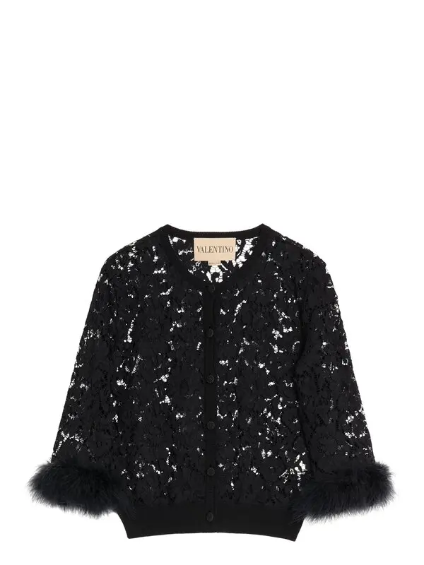 Valentino Garavani Lace Feather-trim Cardigan - Black