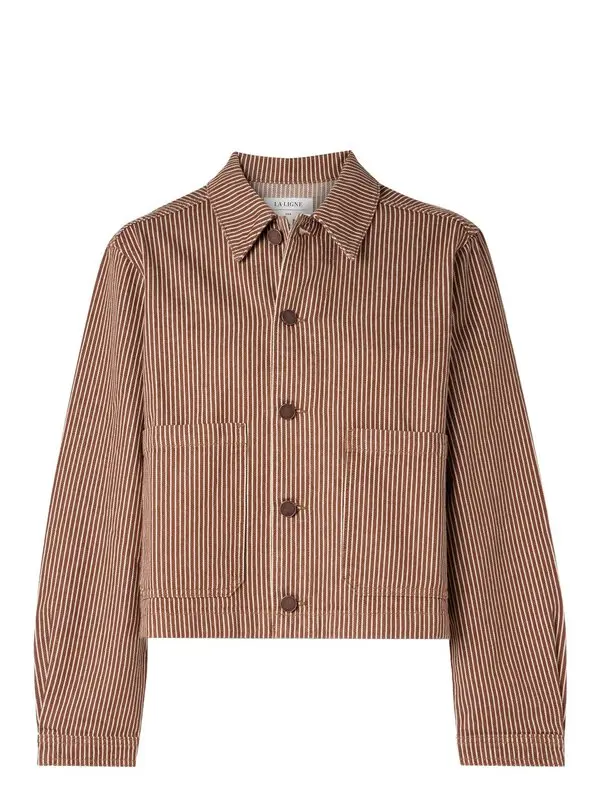 LA LIGNE Val Cropped Striped Denim Jacket - Brown
