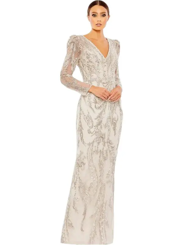 Mac Duggal Embellished Puff Sleeve Gown - Neutral