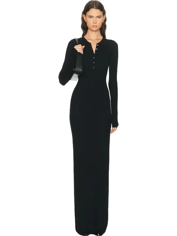 Eterne Long Sleeve Henley Maxi Dress - Black