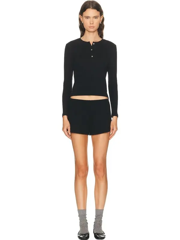 LESET Pointelle Long Sleeve Henley Top - Black