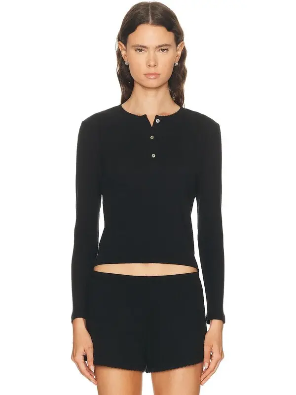 LESET Pointelle Long Sleeve Henley Top - Black
