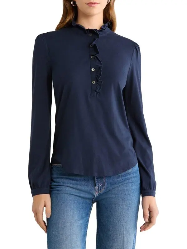 Caslon Ruffle Detail Henley Shirt - Navy Still