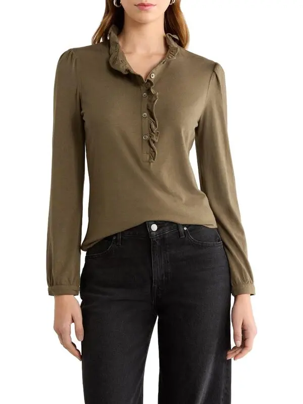 Caslon Ruffle Detail Henley Shirt - Olive Sarma