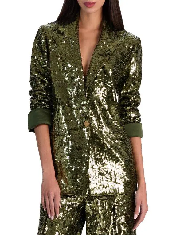 Alice + Olivia Quincy Oversized Sequin Blazer - Dark Olive