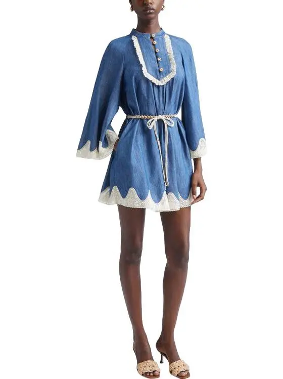Zimmermann Awaken Belted Lace-trimmed Denim Minidress - Railway Blue