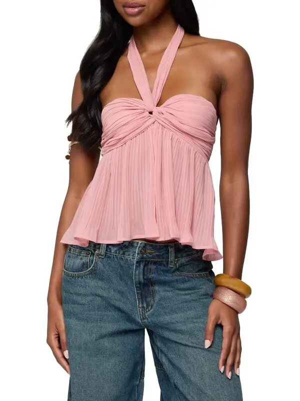 EDIKTED Pleated Chiffon Halter Top - Pink