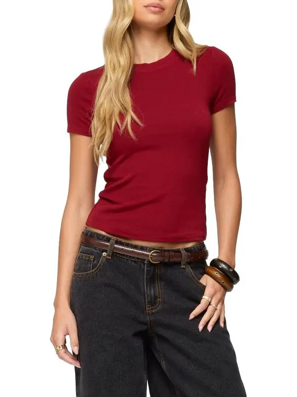 EDIKTED Daphney Rib T-shirt - Burgundy