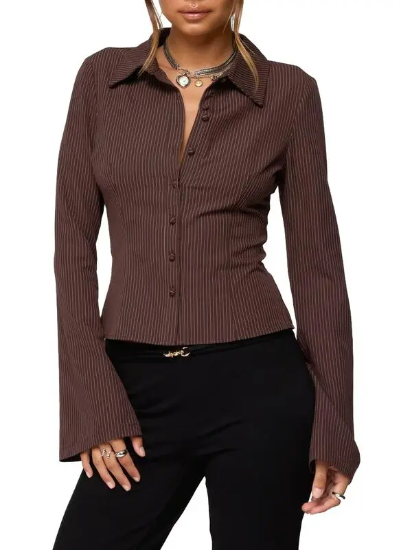 EDIKTED Pinstripe Tailored Button-up Shirt - Brown