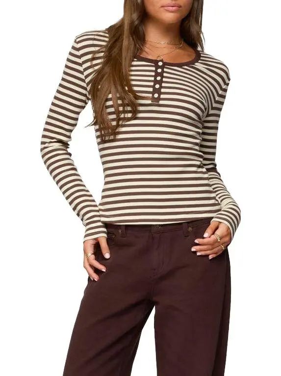 EDIKTED Roma Stripe Rib Henley Top - Brown