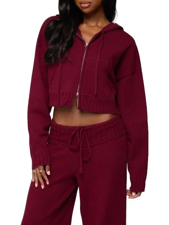 EDIKTED Russell Crop Hooded Zip Sweater - Burgundy
