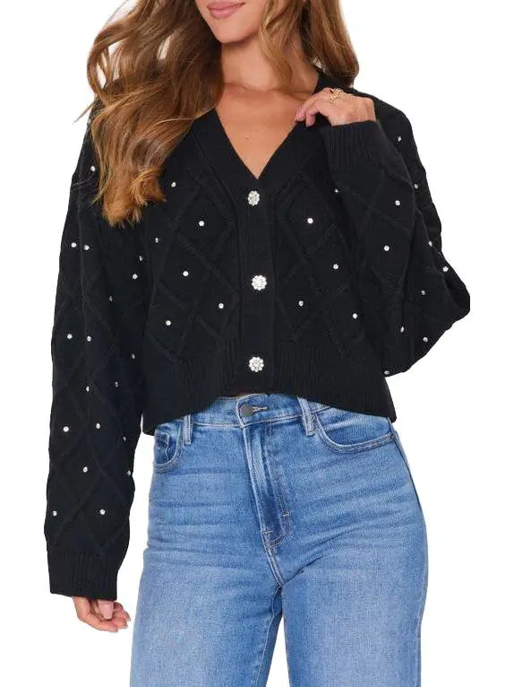 VICI Rhinestone Diamond Stitch Cropped Cardigan - Black