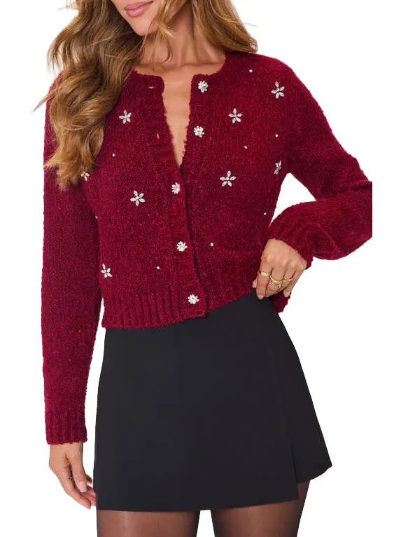 VICI Embellished Bouclé Cardigan - Burgundy