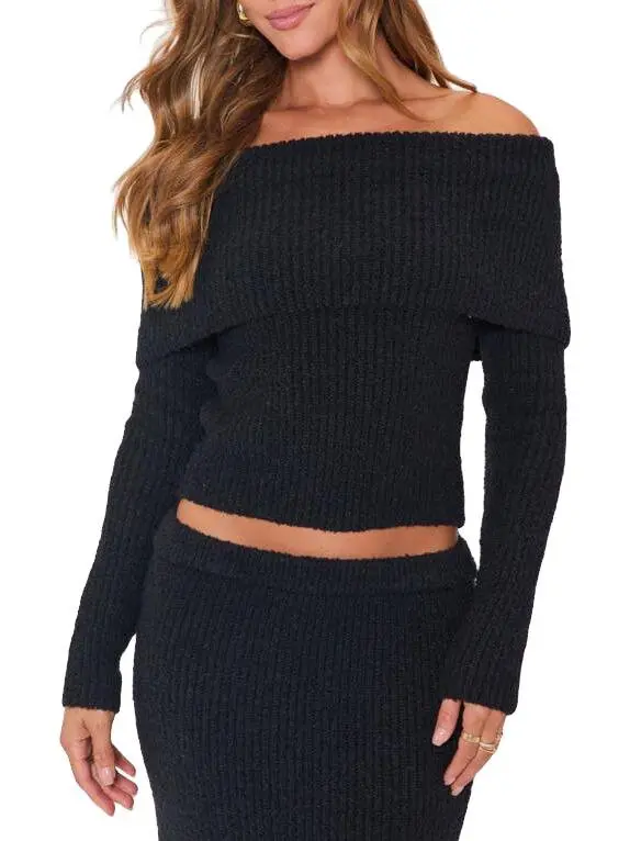 VICI Ruby Foldover Off-the-shoulder Ribbed Sweater - Black