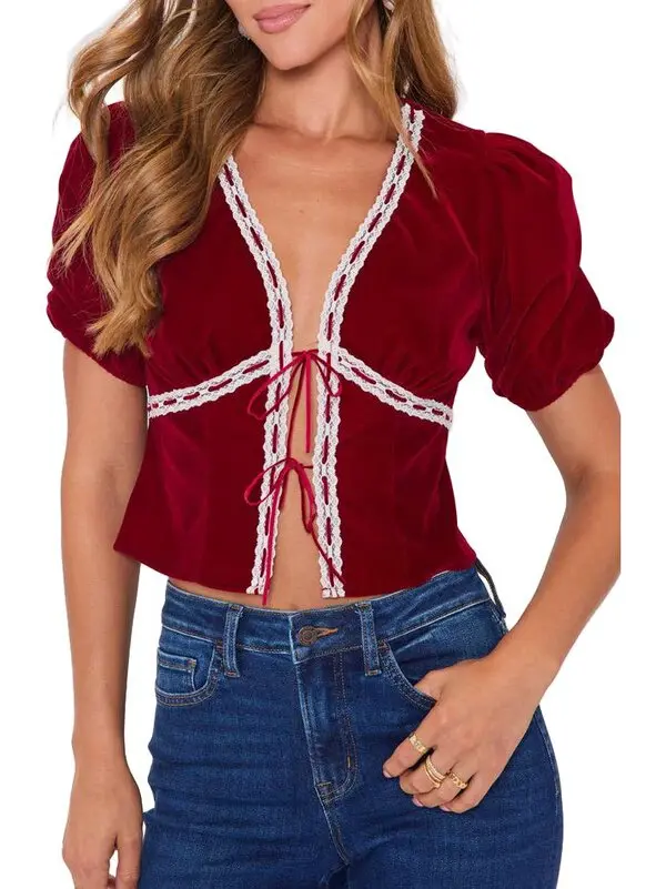 VICI Velvet Tie-front Top - Burgundy