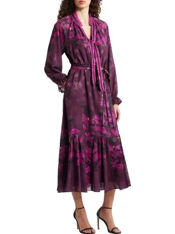 CIEBON Metallic Mixed Print Long Sleeve Dress - Burgundy Multi